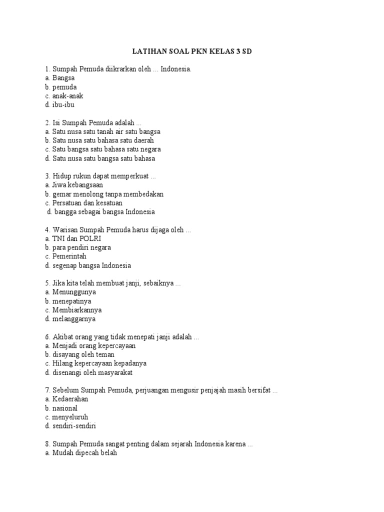 Latihan Soal PKN Kelas 3 SD | PDF