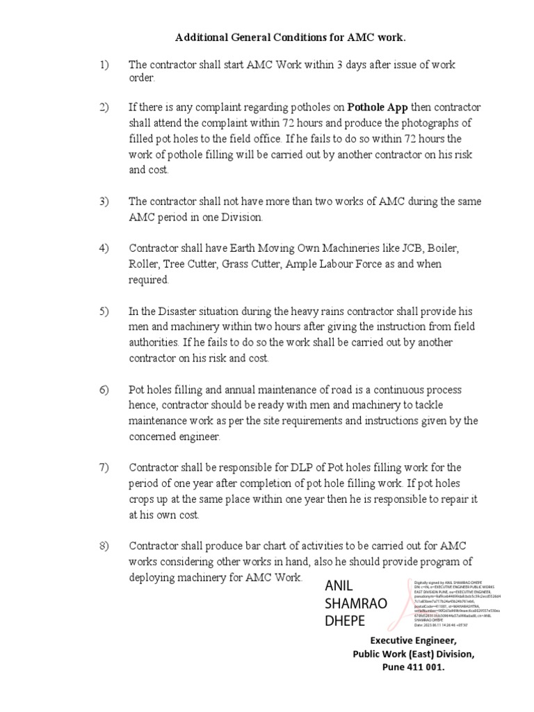 Additional General Conditions For AMC Work | PDF
