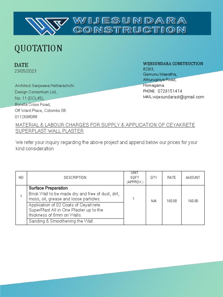 Icbt & DCL Superplst Quotation - Material & Labour Charges 5-WC | PDF | Cheque | Payments