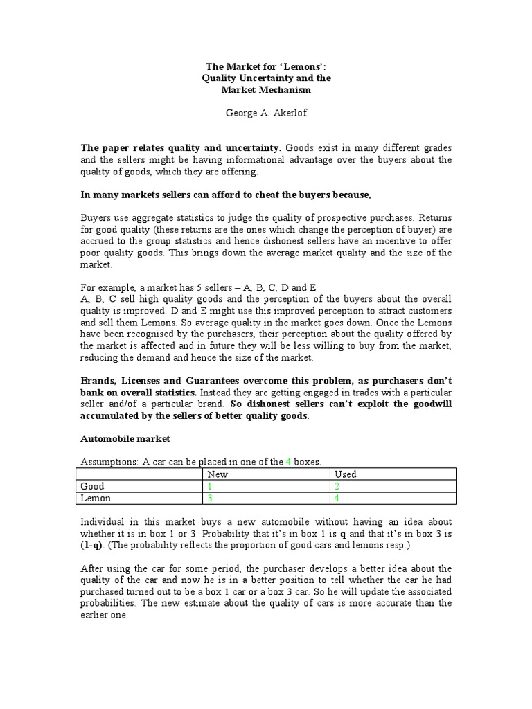 The Market For Lemons | Download Free PDF | Market (Economics ...
