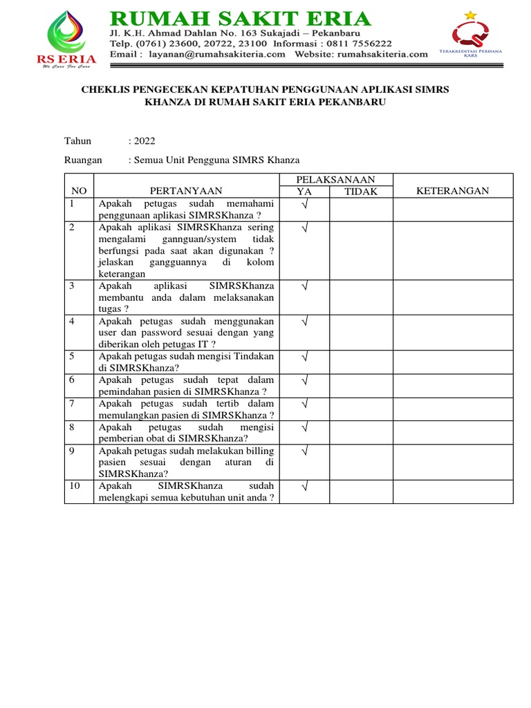 CHEKLIS PENGECEKAN KEPATUHAN PENGGUNAAN APLIKASI SIMRS KHANZA DI RUMAH ...