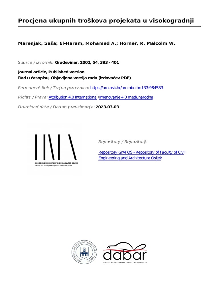 Marenjak-2002-Procjena Ukupnih Troskova Projekata | PDF | Engineering | Real Estate
