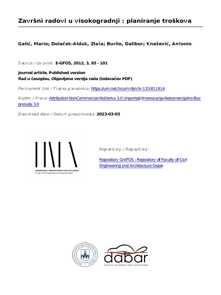 Galic-2012-Zavrsni Radovi U Visokogradnji Planiranje | PDF