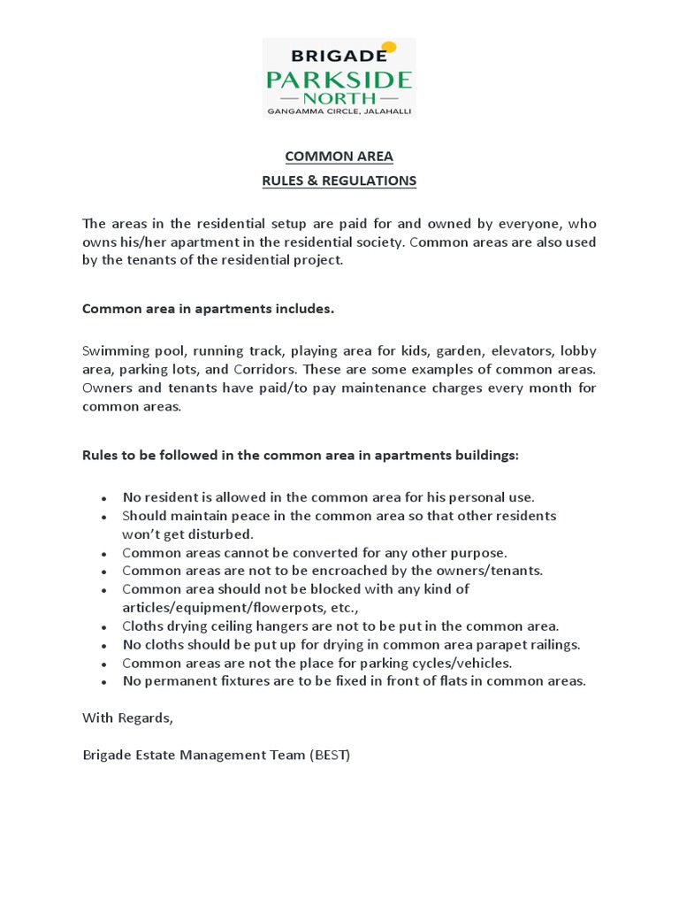Common Area Rules & Regulations | PDF