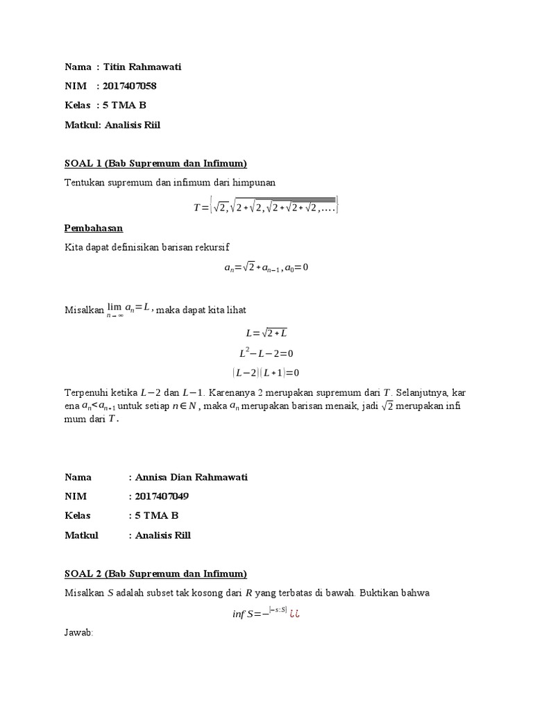 Bab Supremum Dan Infimum - Analisis Rill - 5 Tmab-2 | PDF
