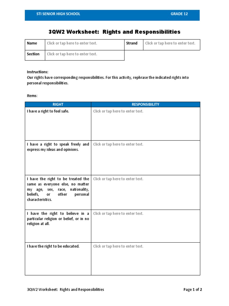 G123QW2 Worksheet - Rights and Responsibilities | PDF