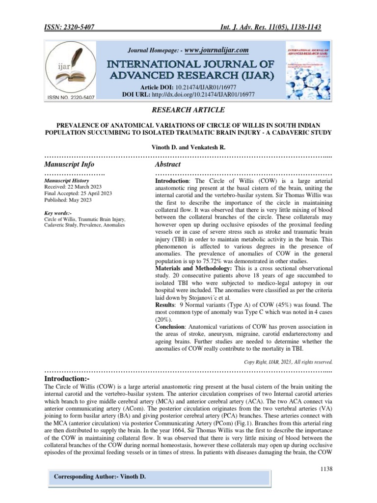 Prevalence of Anatomical Variations of Circle of Willis in South Indian ...