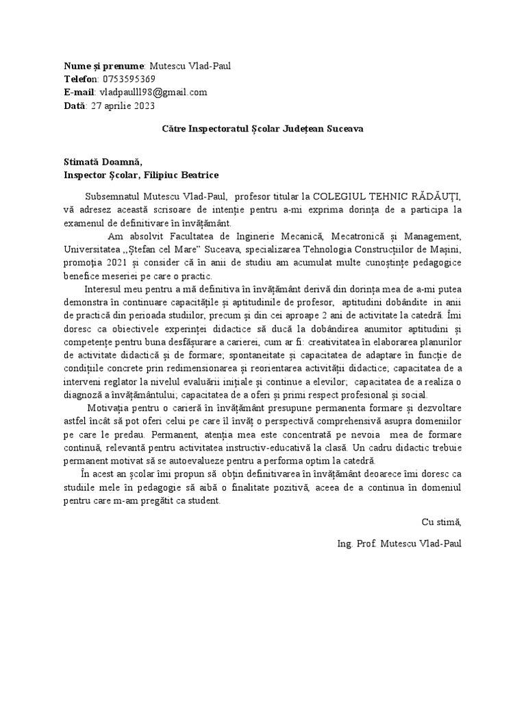 Scrisoare de Intentie | PDF