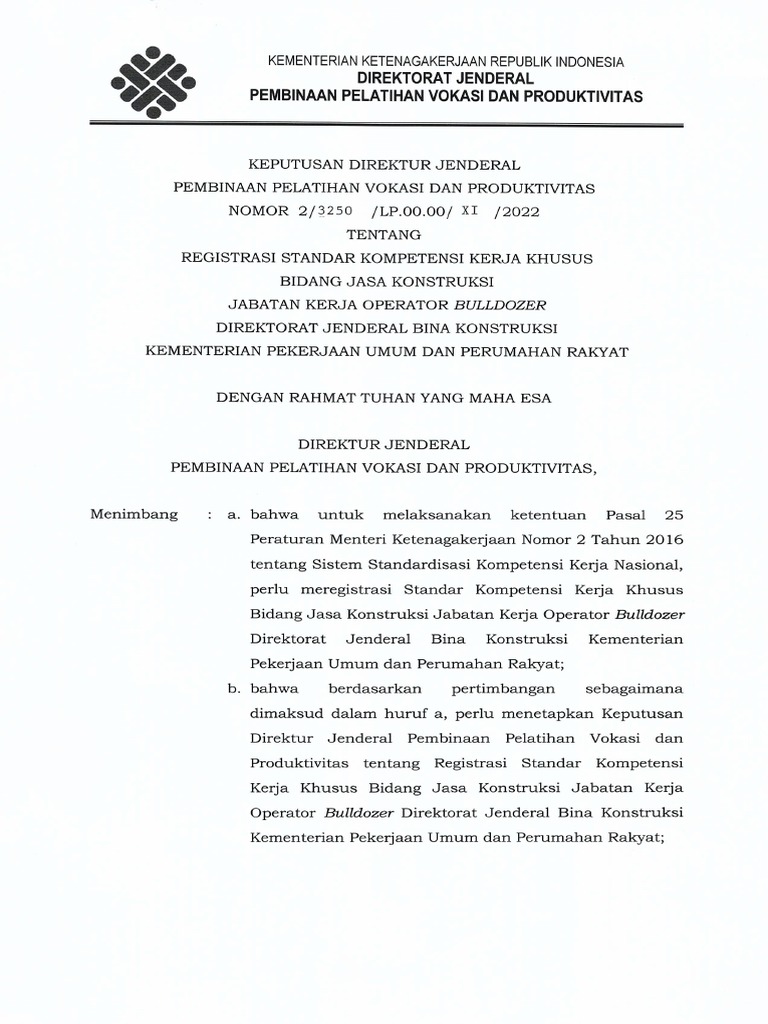 Kepdirjen 3250-2022 SKKK Operator Bulldozer, PUPR | PDF