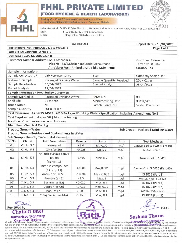18042023_Drinking Water Test Report | PDF