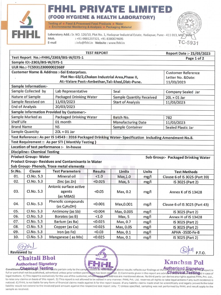Drinking Water Test Report | PDF