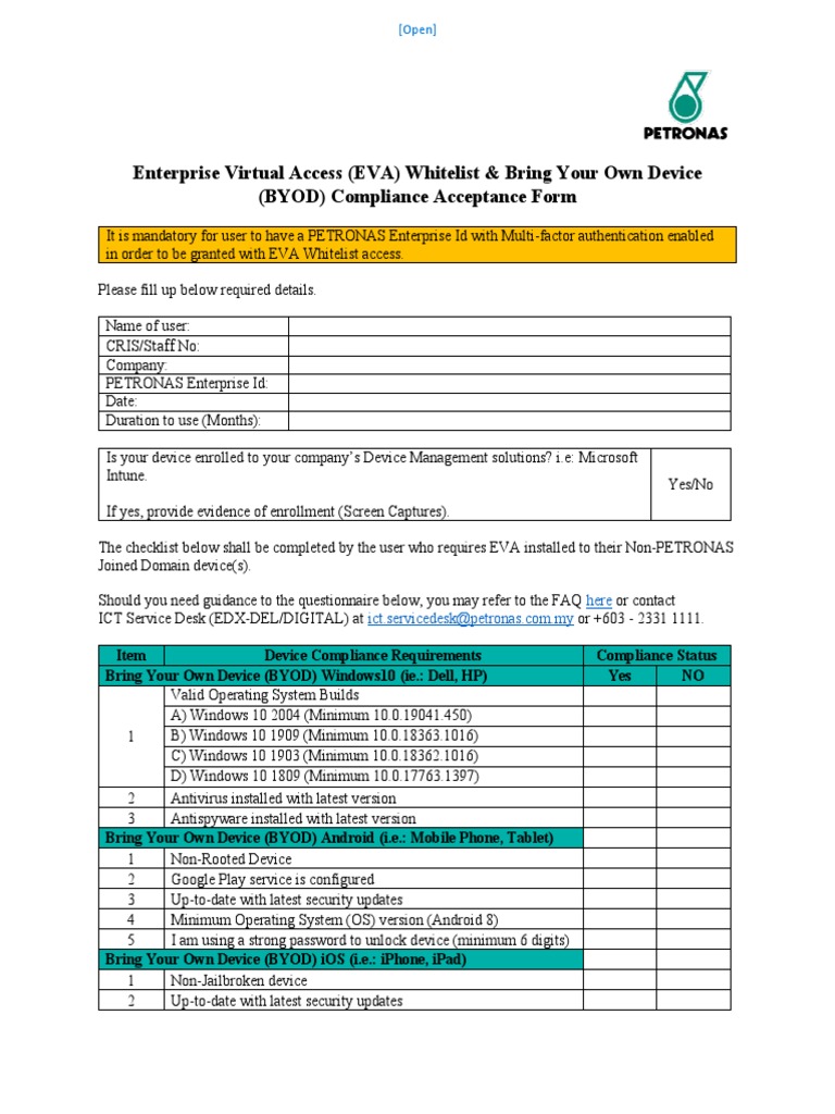 Bring Your Own Device (BYOD) Compliance Acceptance Form | PDF