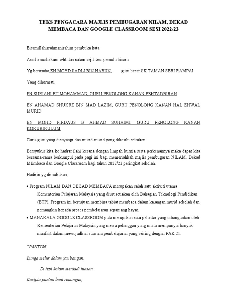 Teks Pengacara Majlis Nilam 2022 Pdf