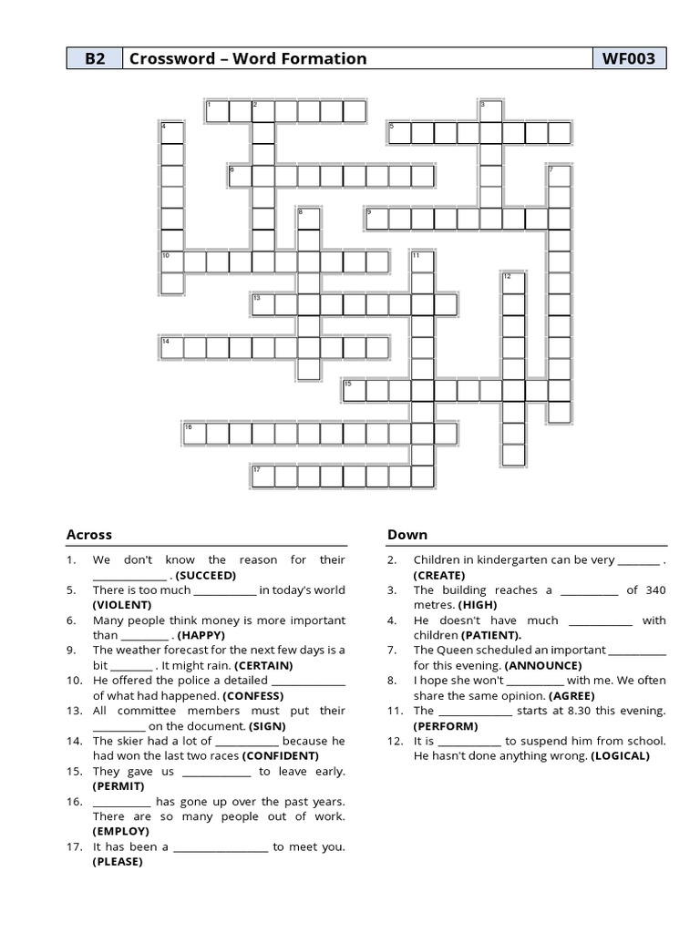 Crossword - Word Formation - PDF Worksheet - B2 - WF003 | PDF