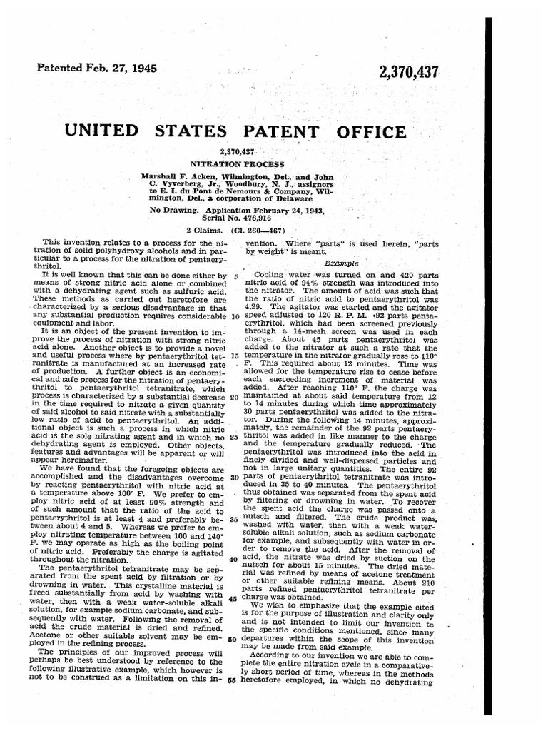 US2370437 Nitration Process For PETN | PDF