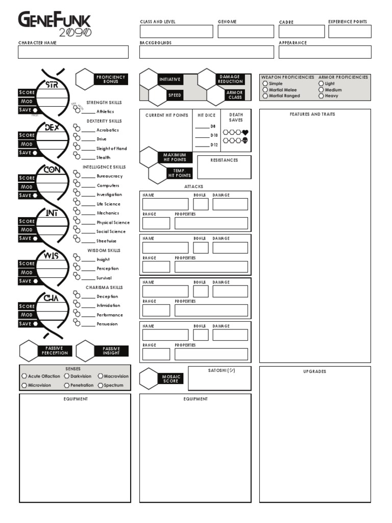 Genefunk 2090 Character Sheet | PDF | Entertainment | Role Playing