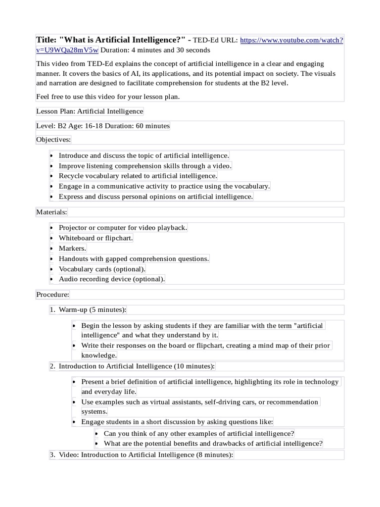 A.I. Lesson Plan | PDF | Artificial Intelligence | Intelligence (AI) & Semantics