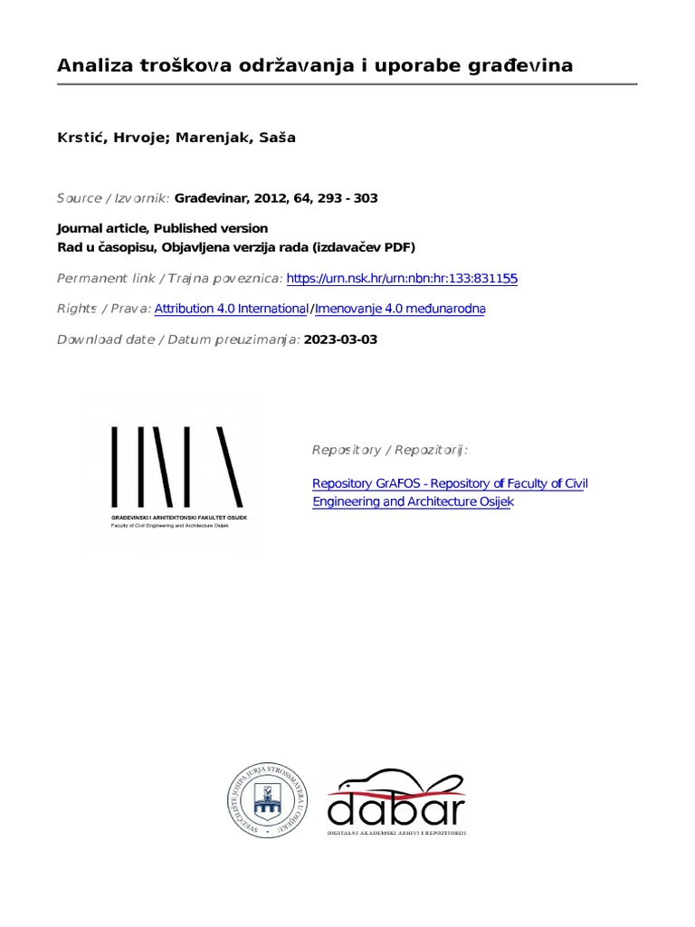 Krstic 2012 Analiza Troskova Odrzavanja I Uporabe Gfos 928 Publishedversion 4dtruj S | PDF