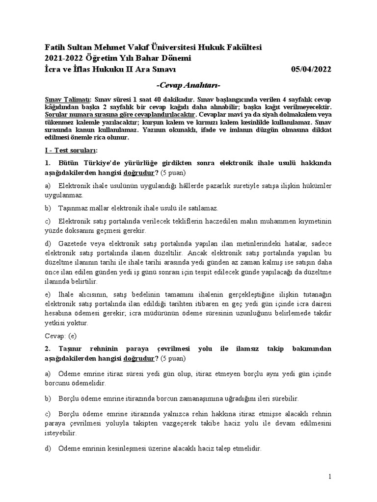 Icra_Iflas_Hukuku_Vize_Sinavi_Cevap_Anahtari2022-04-08-10-20-02am | PDF