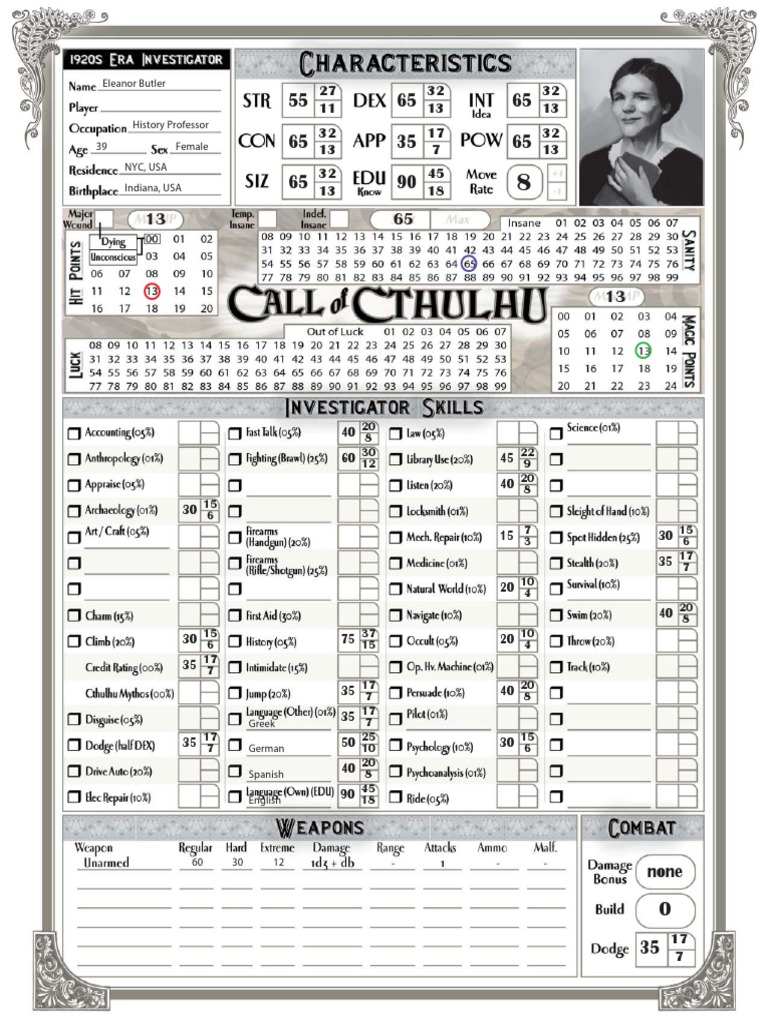 Call of Cthulhu - Masks of Nyarlathotep - Pregen - Eleanor Butler | PDF