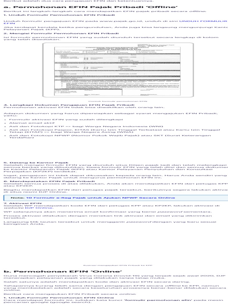 Panduan Mendapatkan EFIN Online Dan Offline Ke KPP | PDF