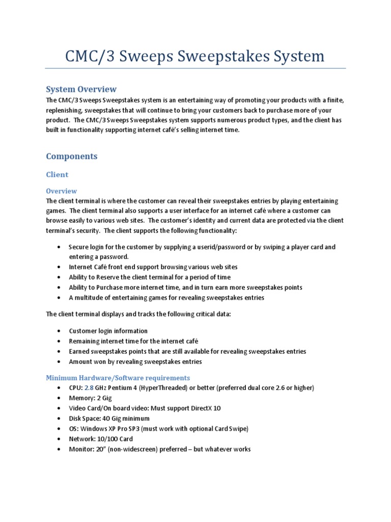 CMC/3 Sweepstakes System Overview | PDF | Point Of Sale | Databases