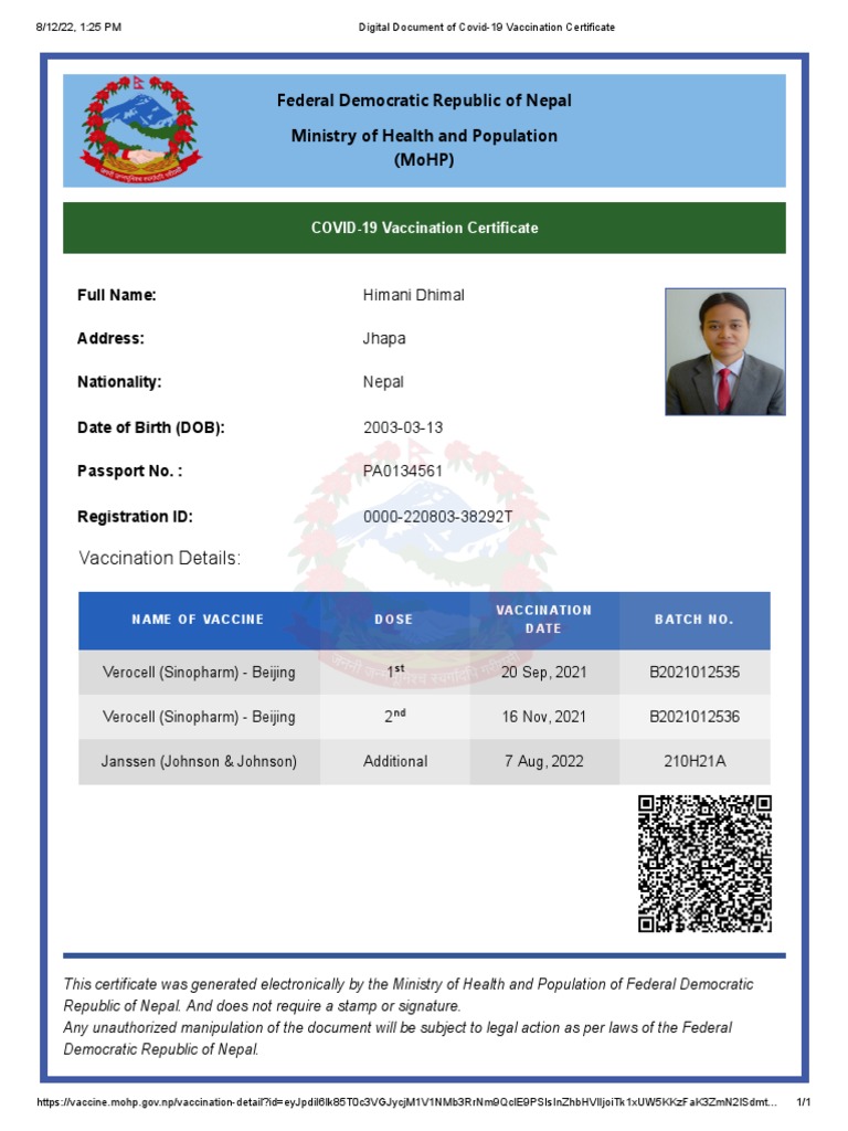 Himani Dhimal Covid-19 Vaccination Certificate | PDF Himani Dhimal Covid-19 Vaccination Certificate | PDF