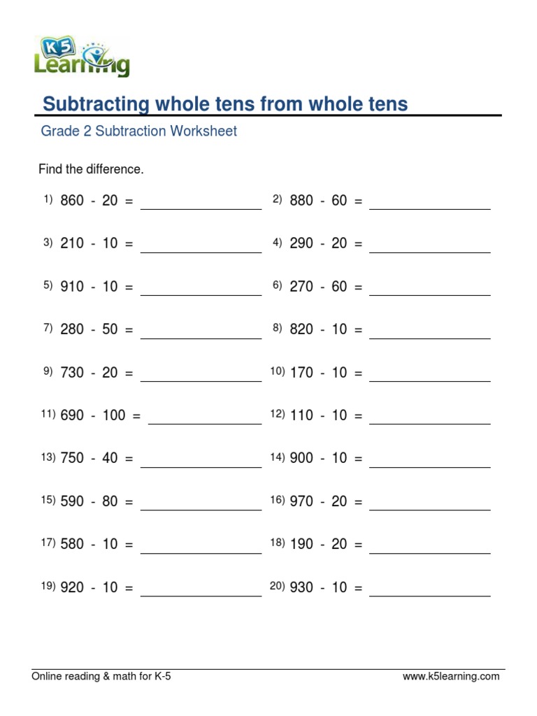 Grade 2 Subtract Whole Tens From Whole Tens A | PDF