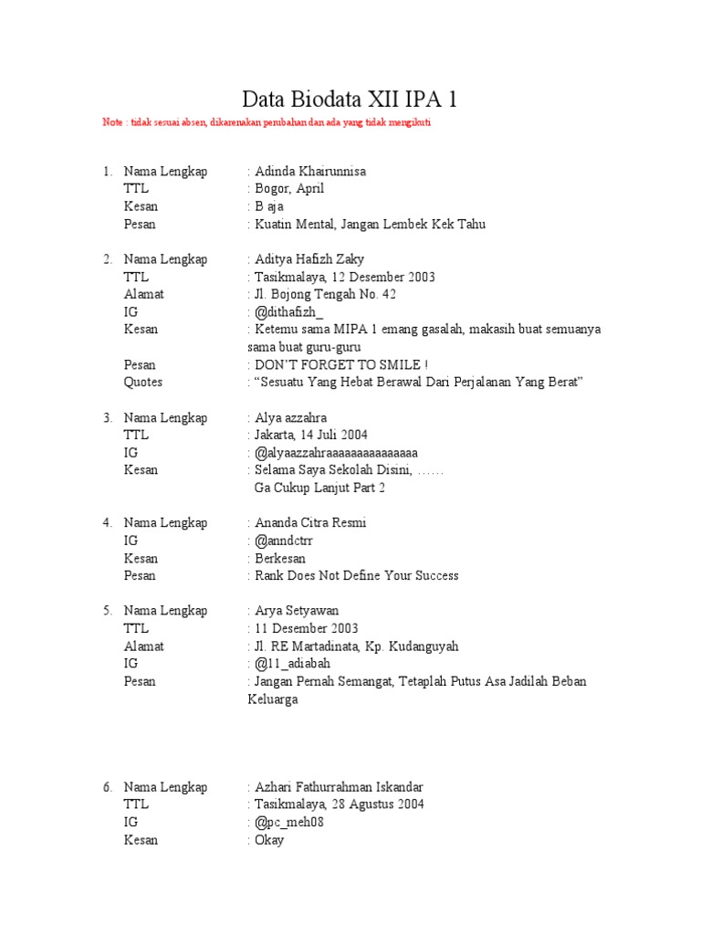 Biodata Kelas Xii Ipa 1 | PDF