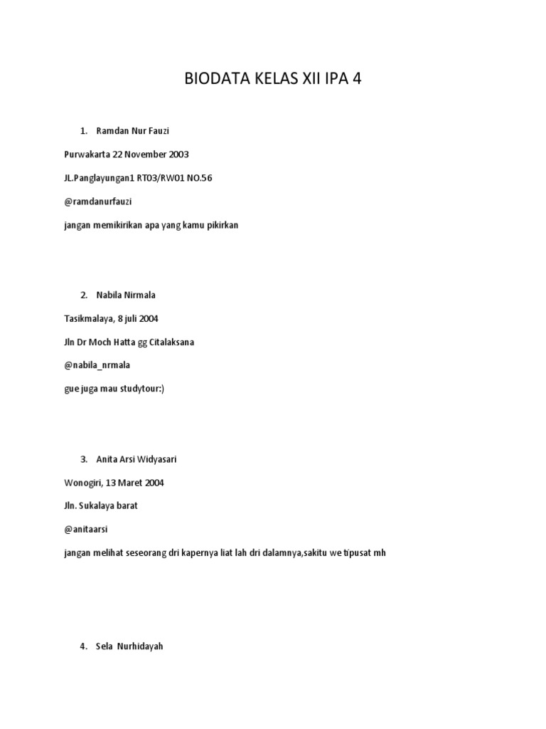 Biodata Kelas Xii Ipa 4 | PDF