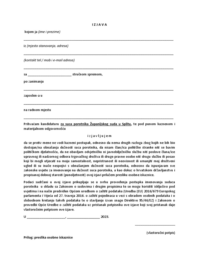 Izjava Suci Porotnici Zupanijski | PDF