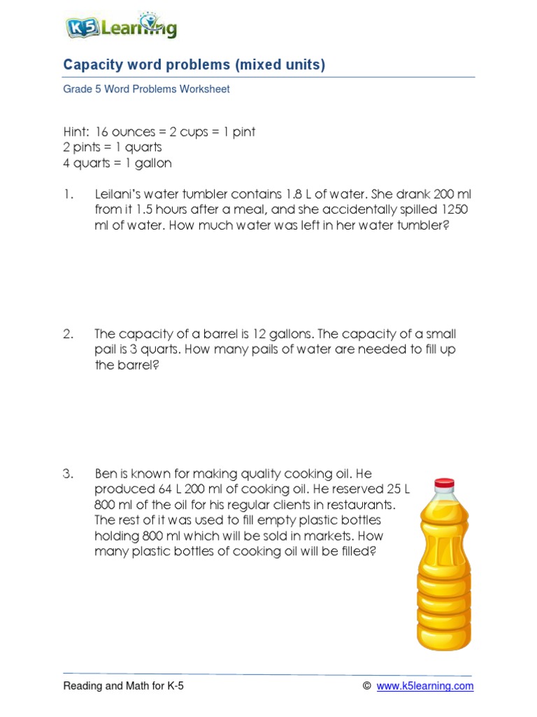 Grade 5 Capacity Word Problems | PDF | Gallon | Pint