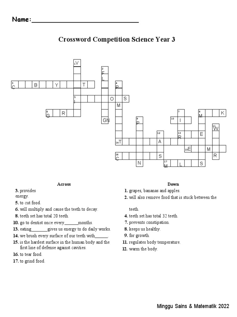 Crossword Competition Science Year 3 | PDF | Health Sciences