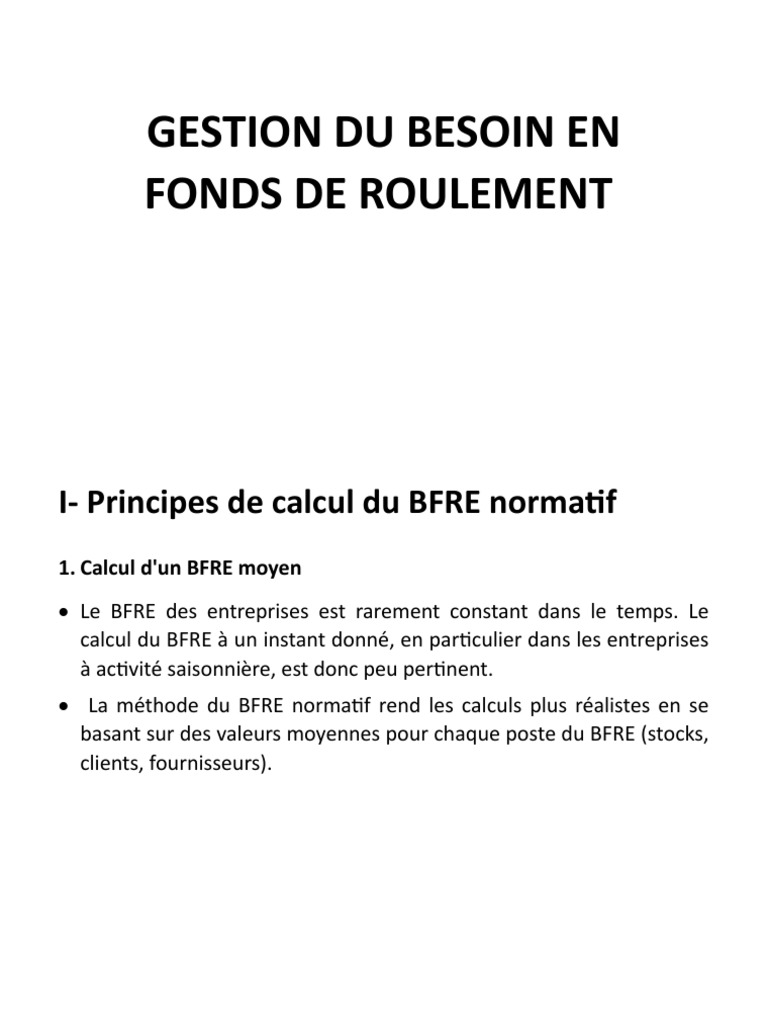 Calcul du BFRE Normatif et Prévisionnel | PDF