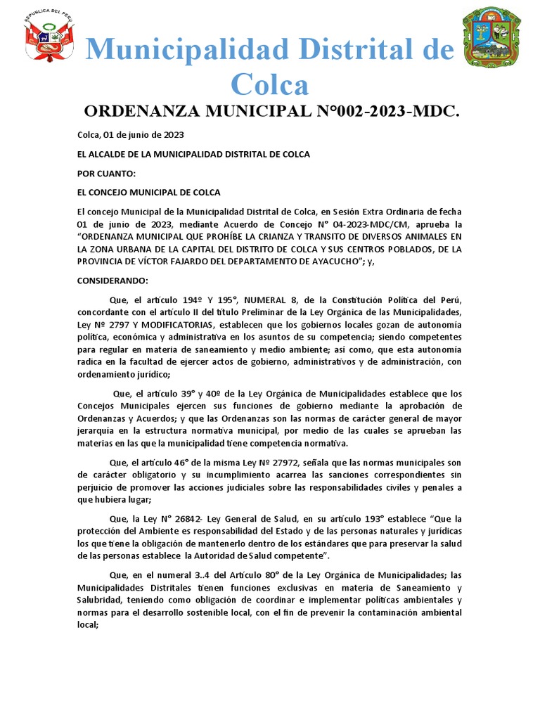 Ordenanza Municipal #002-2023-MDC | PDF | Gobierno local | Multa (pena)
