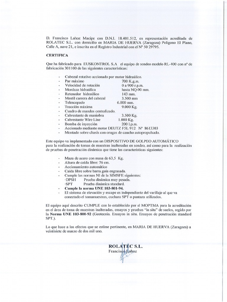 Skn.023.1.Características Técnicas Rolatec RL 400 | PDF