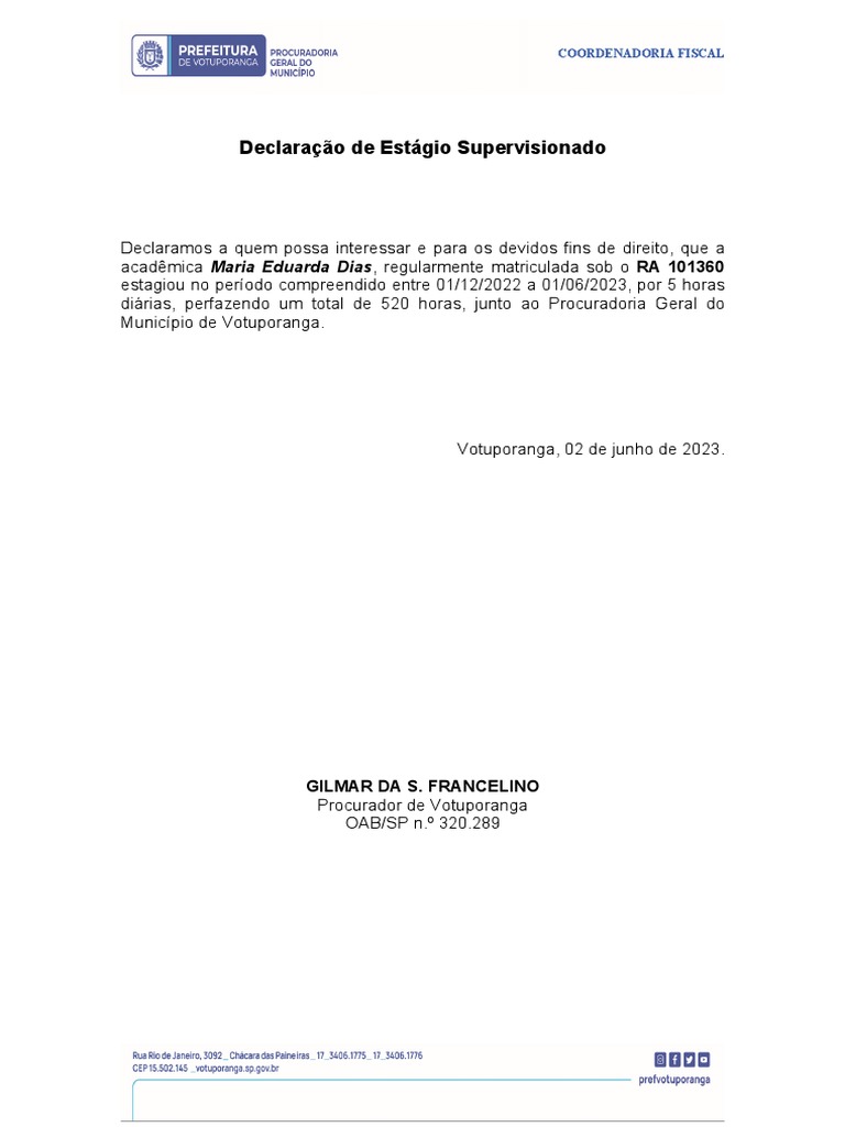 Declaracao De Estagio Modelomodelo De Declaracao De Mei