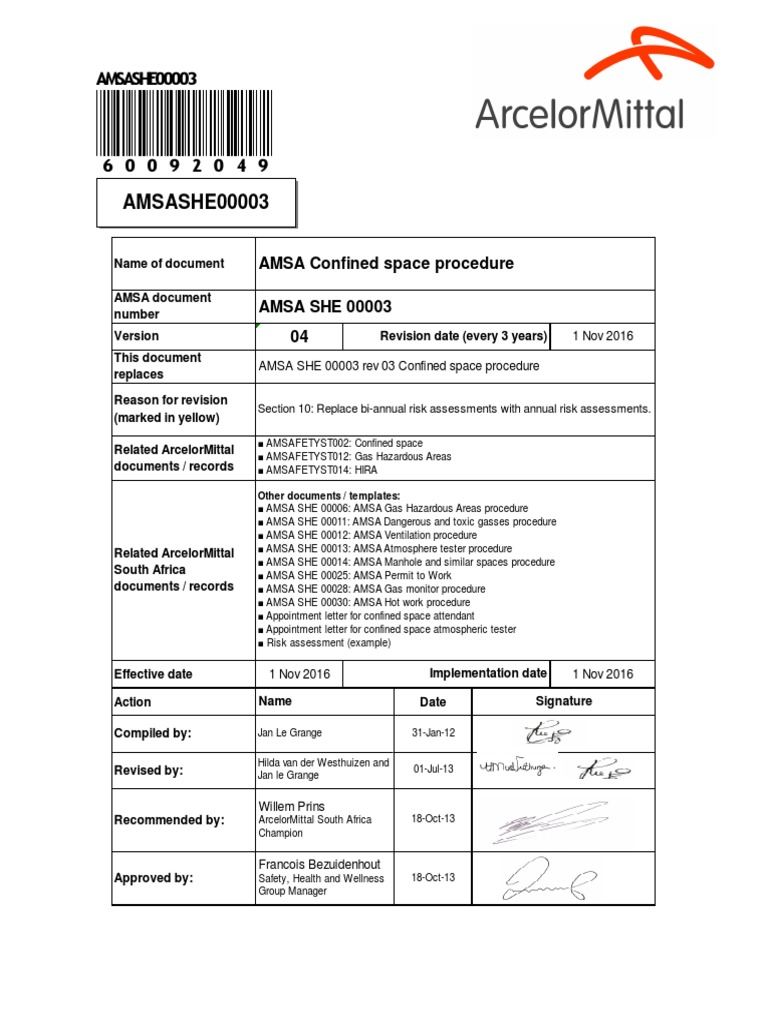 AMSASHE00003 (AMSA confined spaces procedure)(rev 04) | PDF | Risk ...