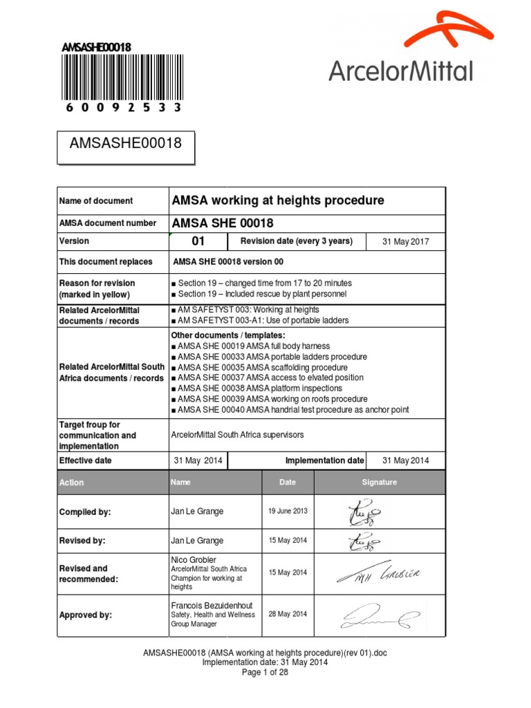 AMSASHE00018 (AMSA Working at Heights Procedure) (Rev 01) | PDF | Risk ...