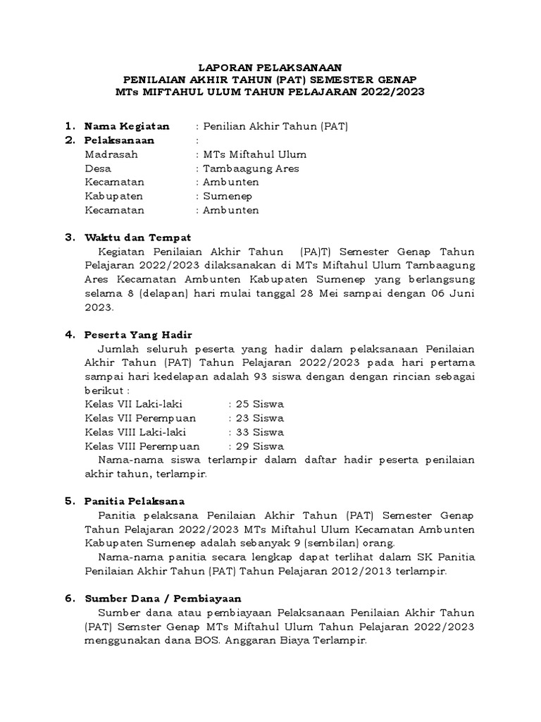 Laporan Pelaksanaan Pat Genap 2022 2023 | PDF