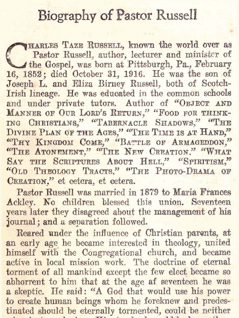 Biography of Pastor Russell | PDF | Jesus | Sin