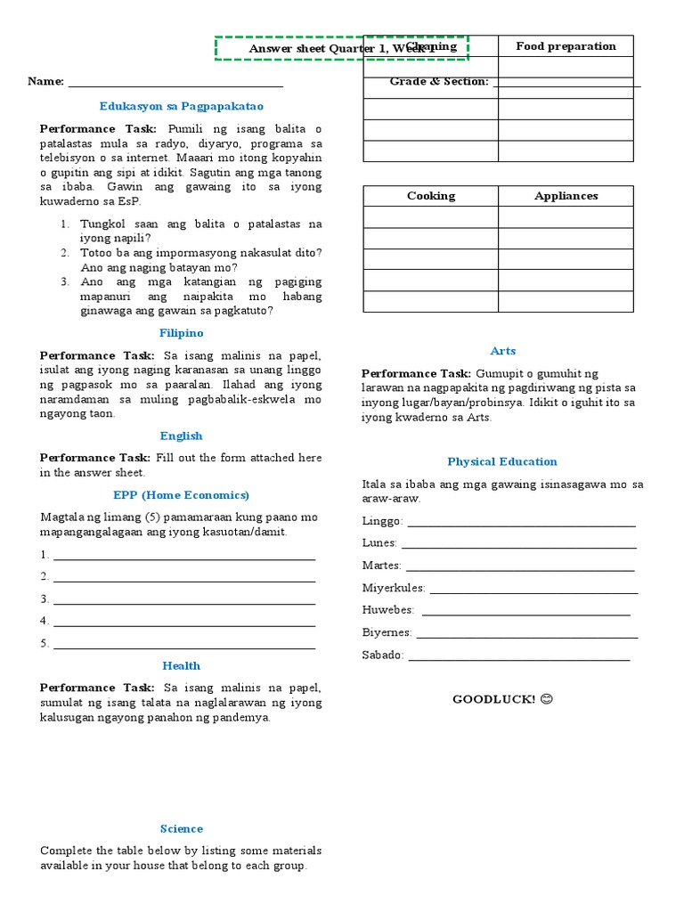 Answer Sheet Quarter 1 Week 1 1 Pdf