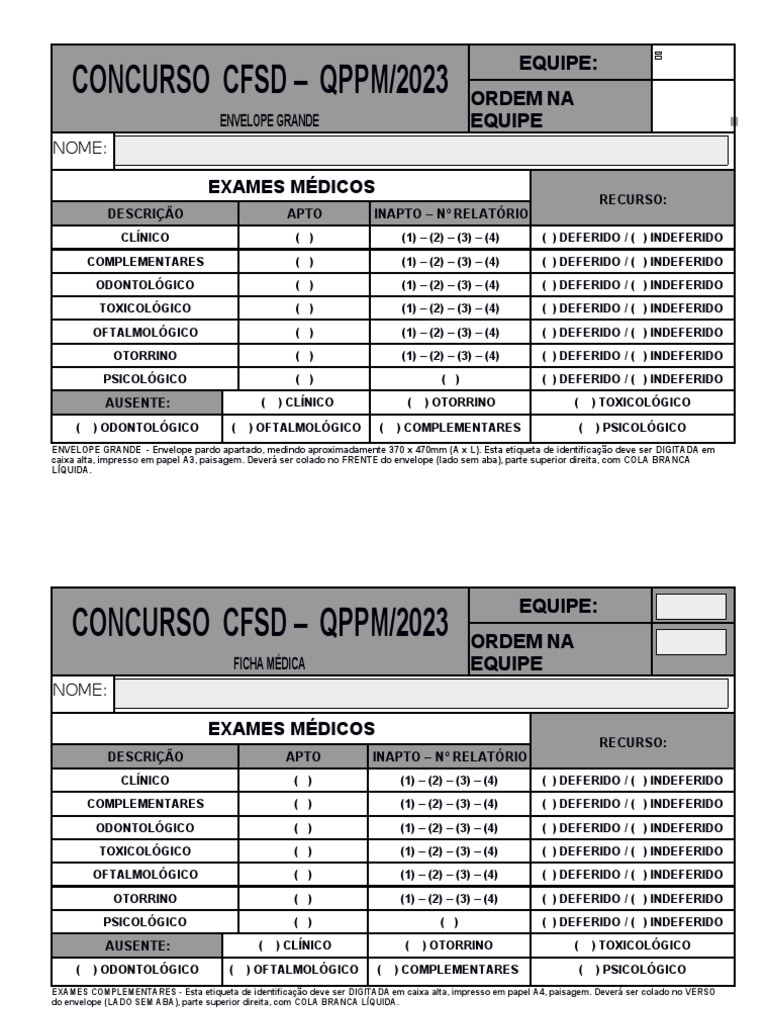 Exames Médicos CFSD QPPM 2023 | PDF