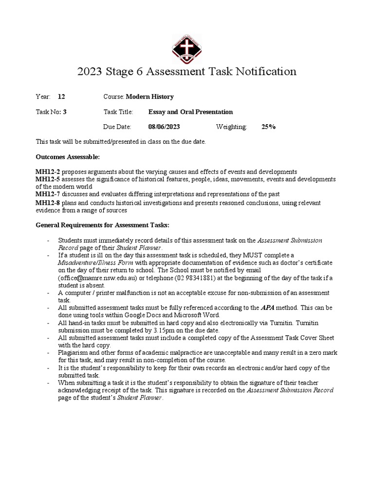 Year 12 Modern History Assessment Task 3 Notification | PDF