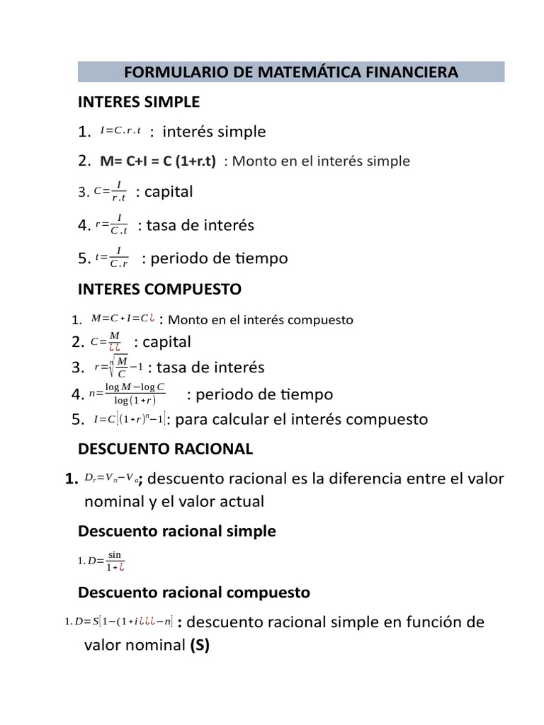 Formulario de Matemática Financiera | PDF