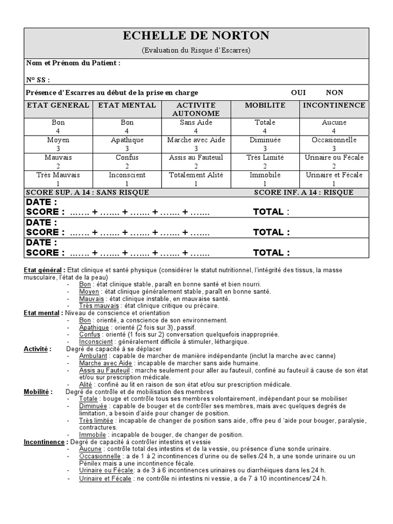 ECHELLE de NORTON Evaluation Du Risque DEscarres | PDF