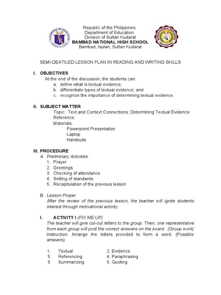 3 Lesson Plan in Textual Evidence | PDF