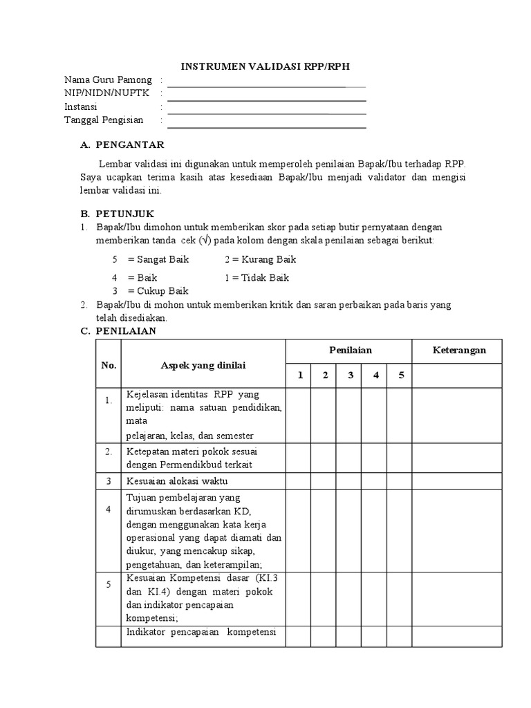 INSTRUMEN VALIDASI RPP Magang 2 | PDF
