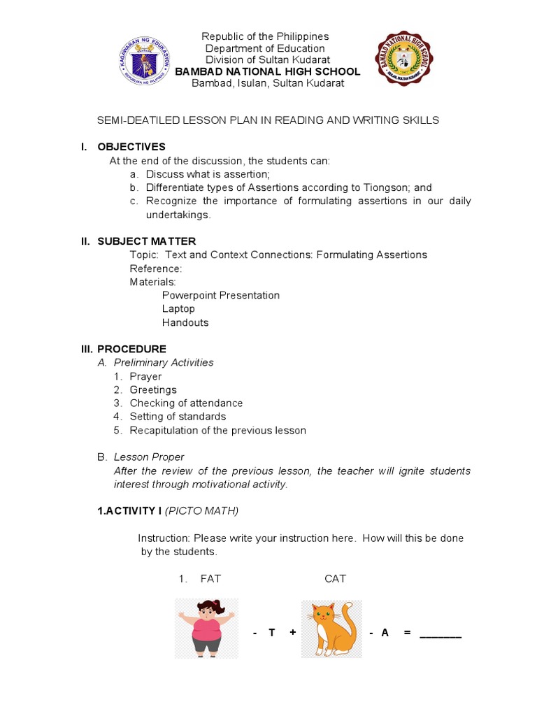 1 Lesson Plan in Formulating Assertions | PDF