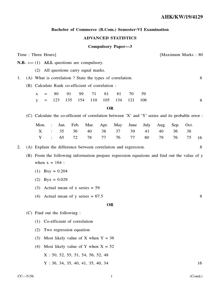 Advanced Statistics Exam Paper B.Com. | PDF